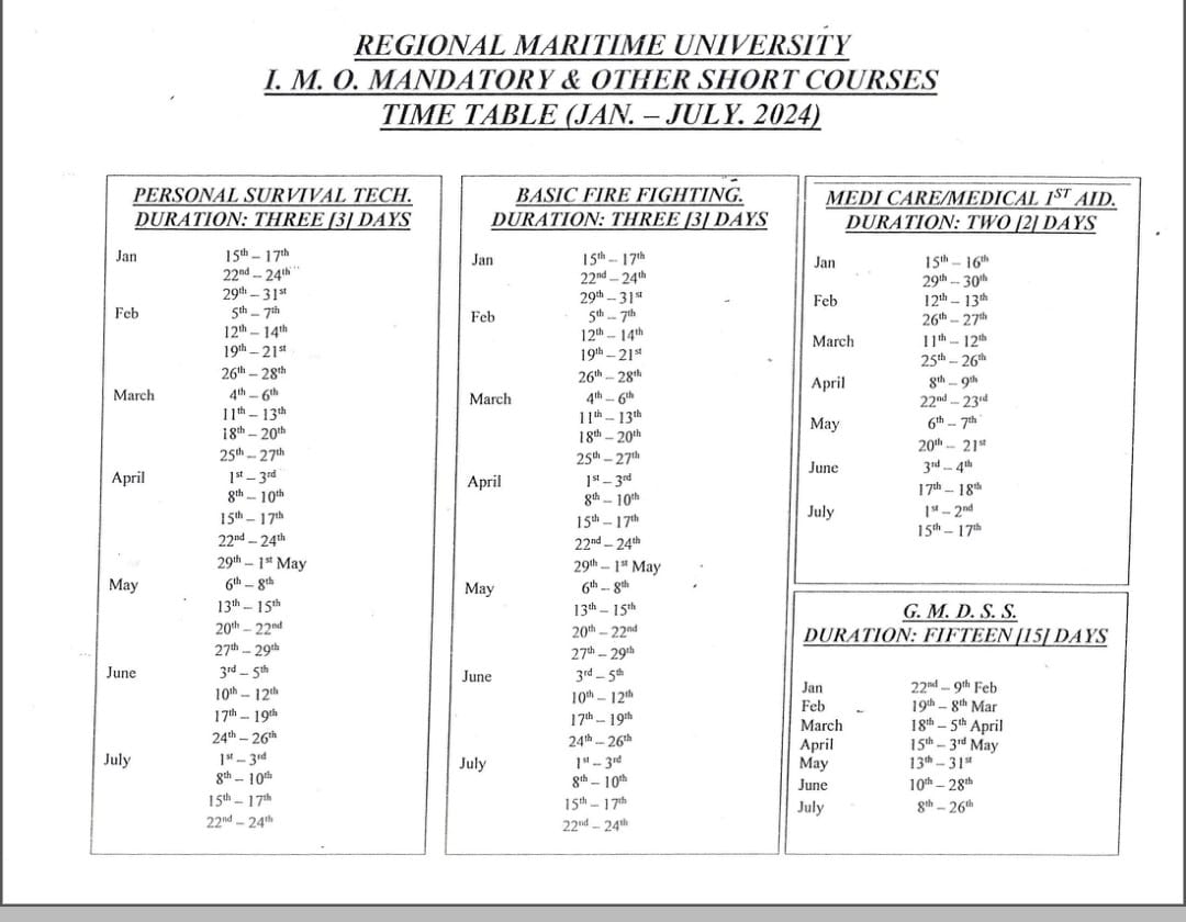 Short Courses Timetable – RMU
